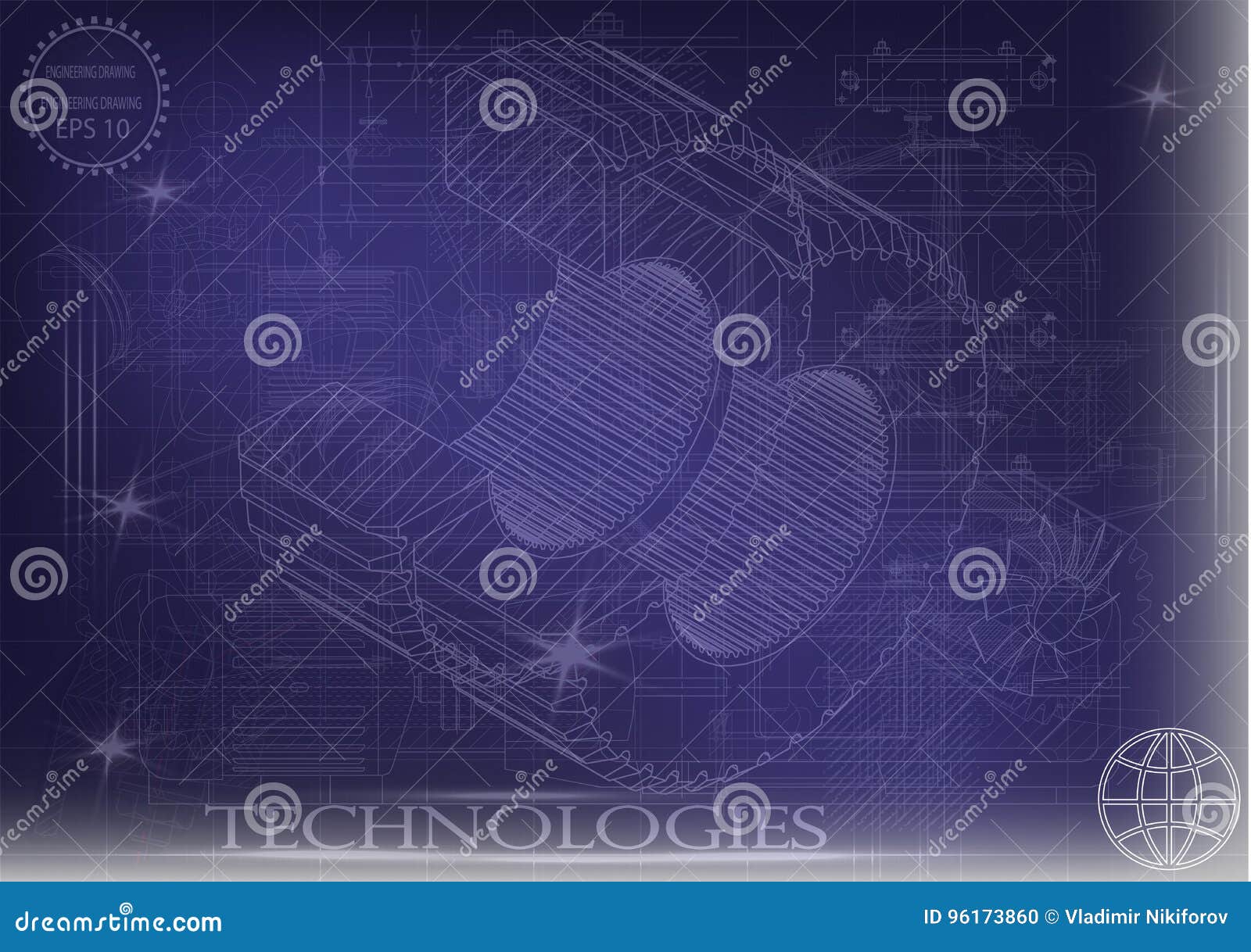 Machine-building Drawings on a Blue Background, Wheels. Stock Vector ...