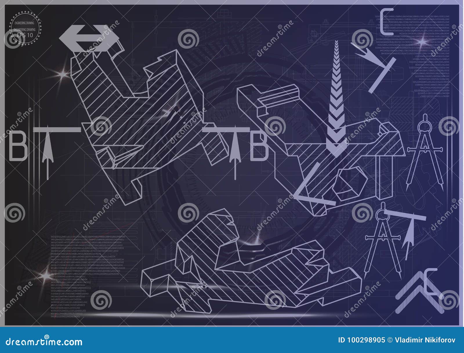 Machine-building Drawings on a Blue Background Stock Vector ...