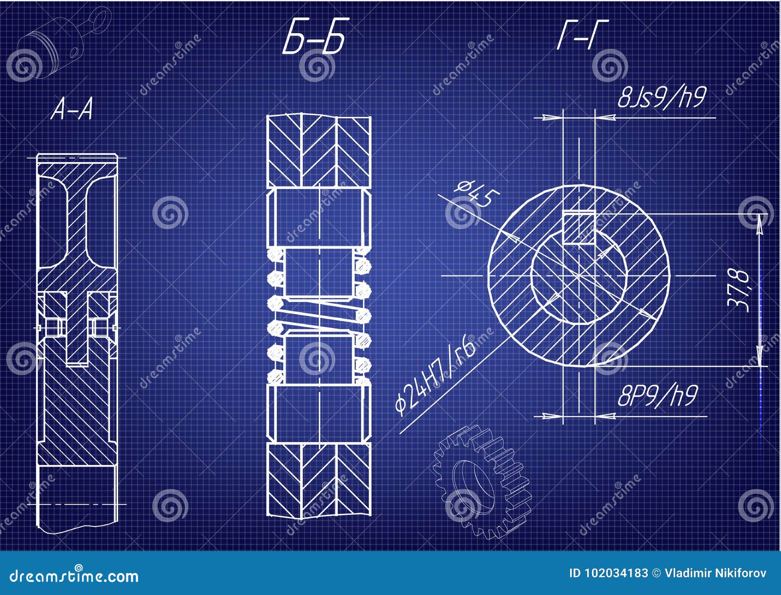 Machine-building Drawings on a Blue Background Stock Vector ...
