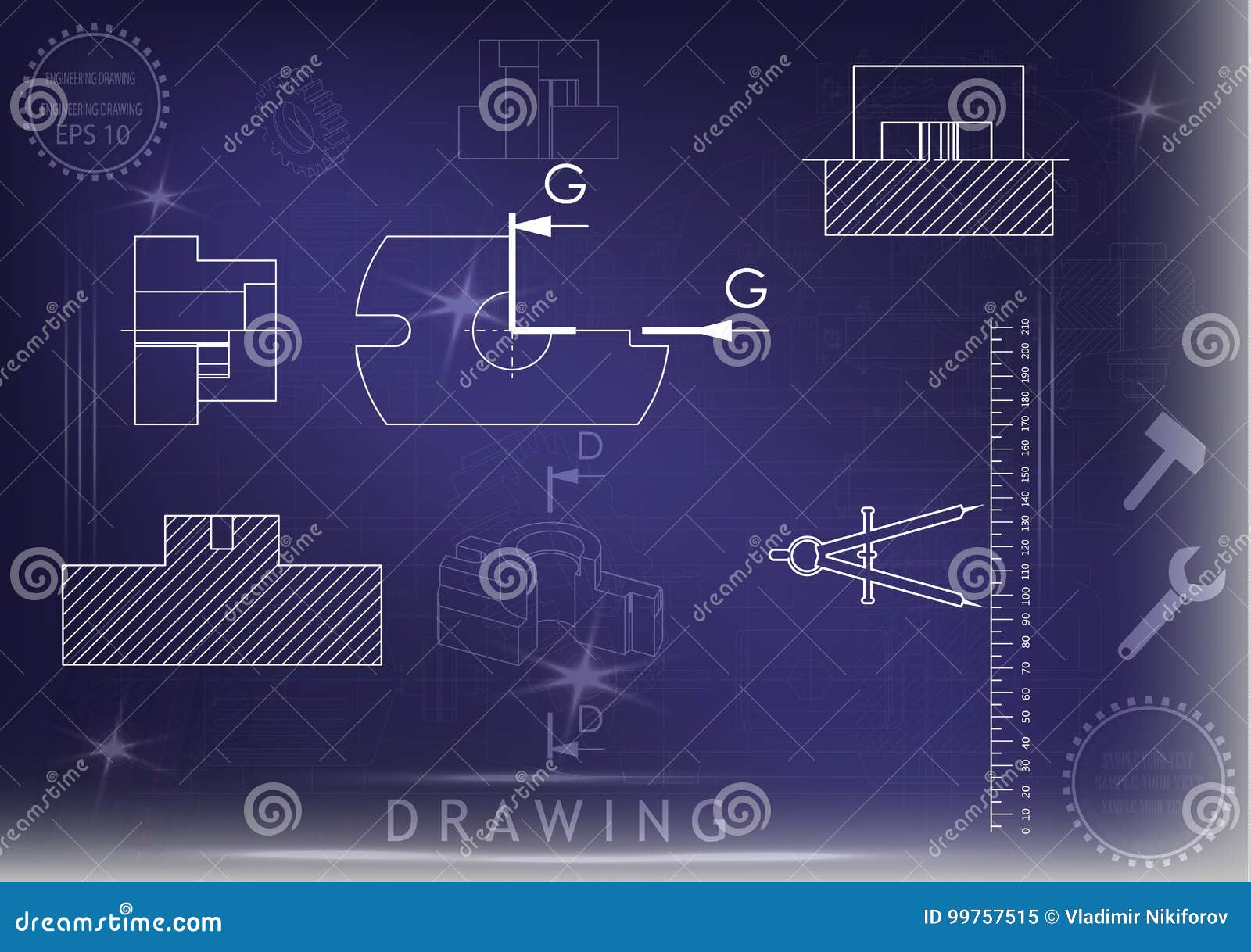 Machine-building Drawings on a Blue Background Stock Vector ...