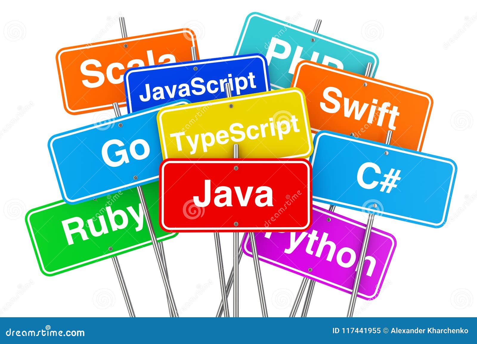 Machine Code Languages on Colorful Signposts. 3d Rendering Stock ...