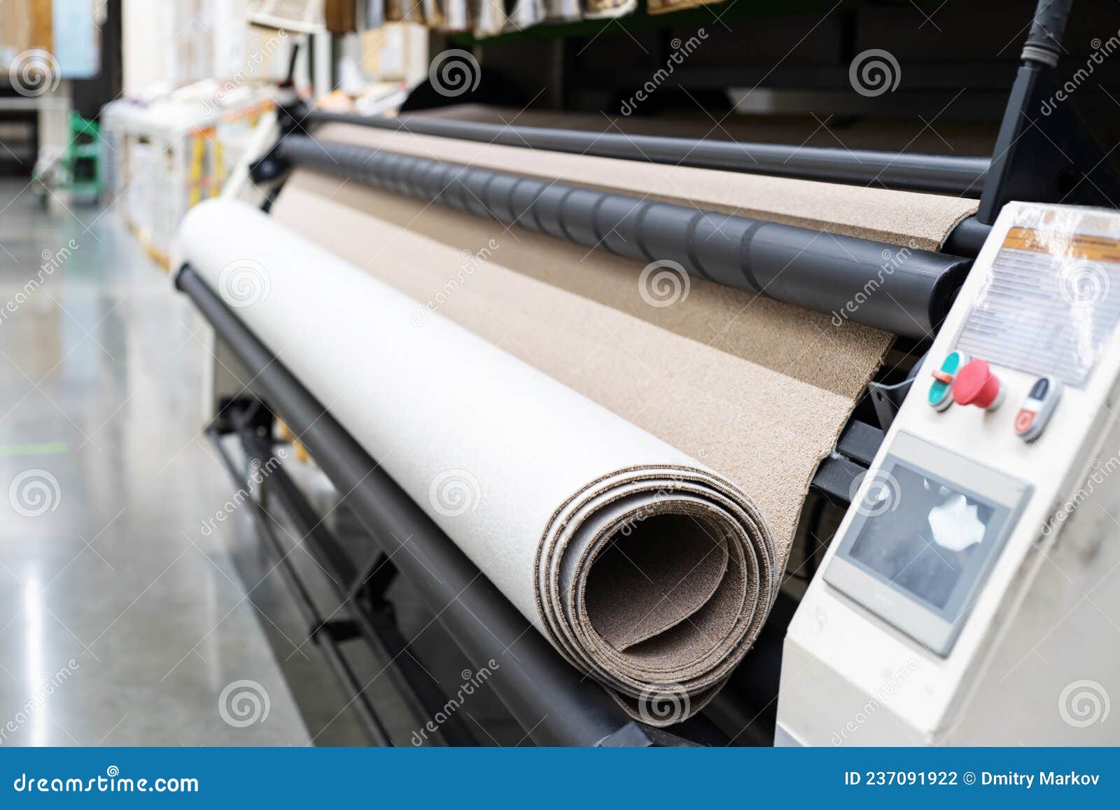 Machine for Cutting and Measuring Carpets. a Large Roll of Textile ...