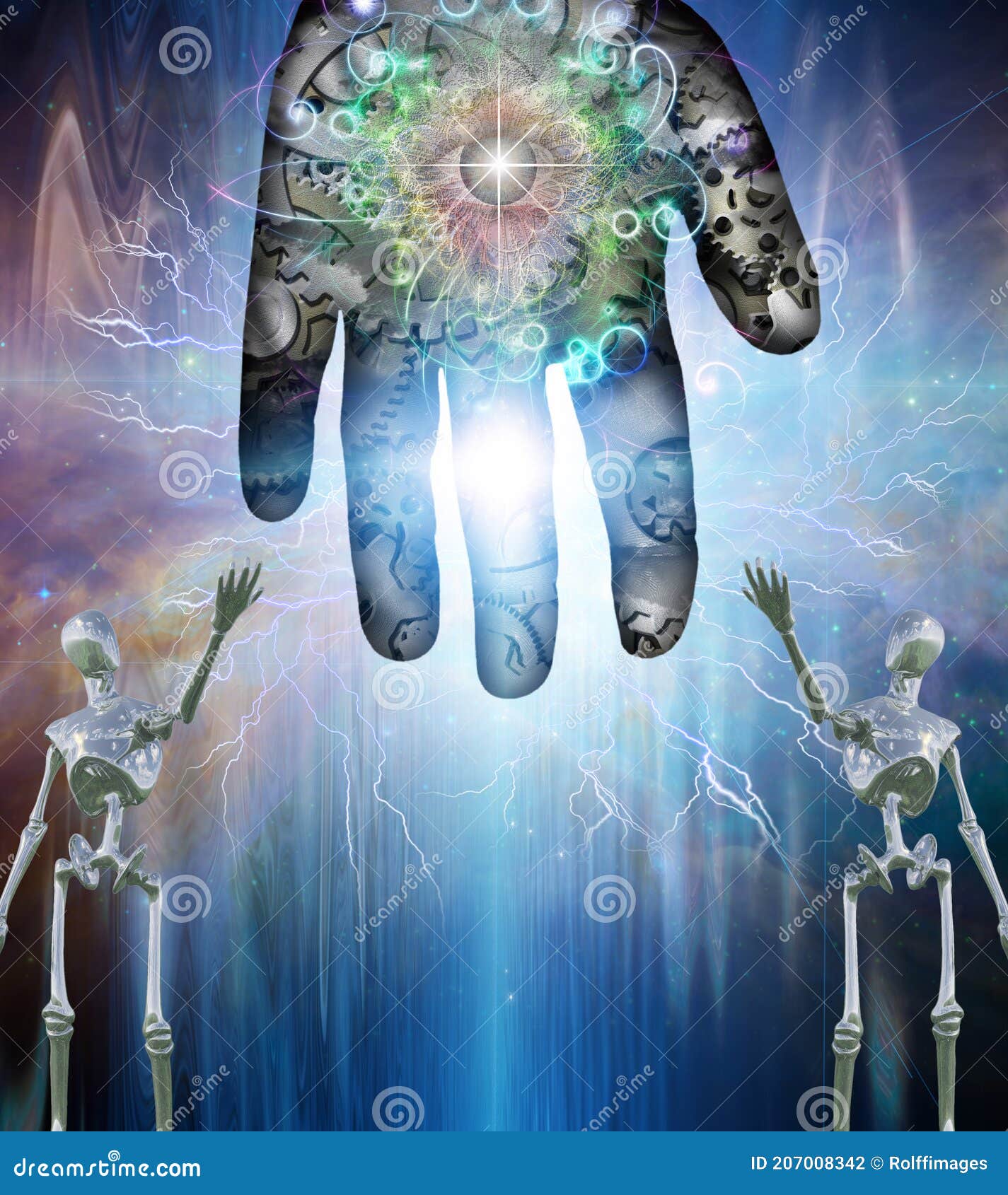 Machine God. Human Palm and Cog Wheels Stock Illustration ...