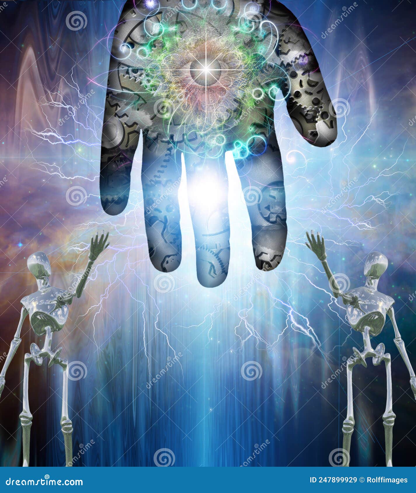 Machine God. Human Palm and Cog Wheels Stock Illustration ...