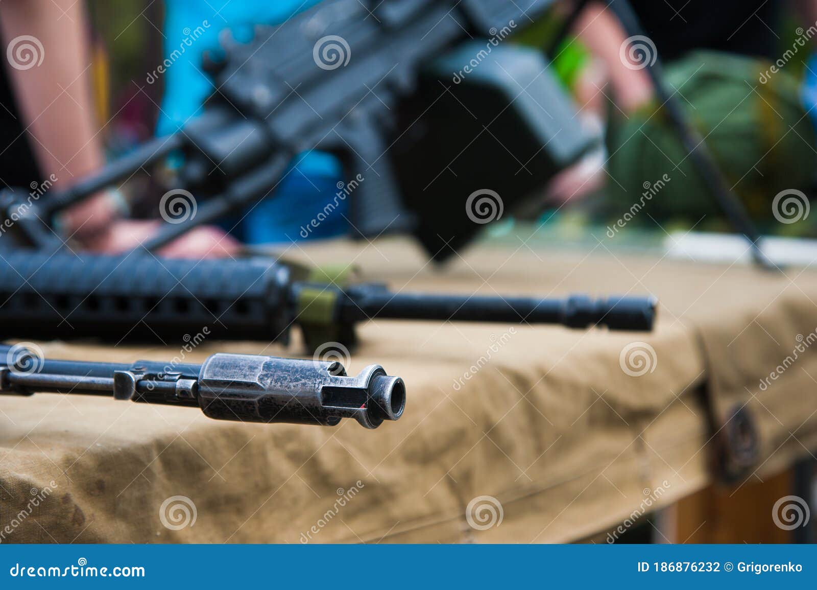 Machine Guns with Ammunition on the Table Stock Photo - Image of army ...