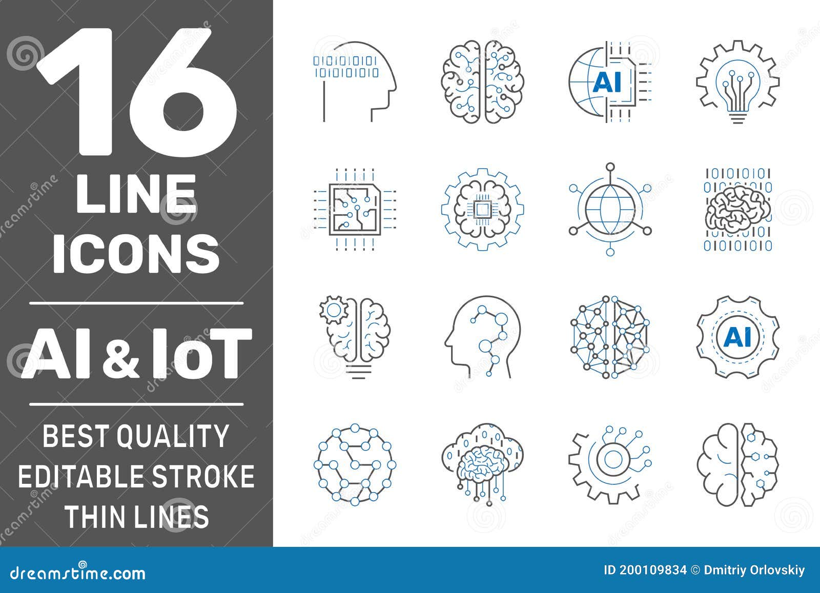 Machine Learning, AI, IoT Line Icons. Set of Artificial Intelligence ...