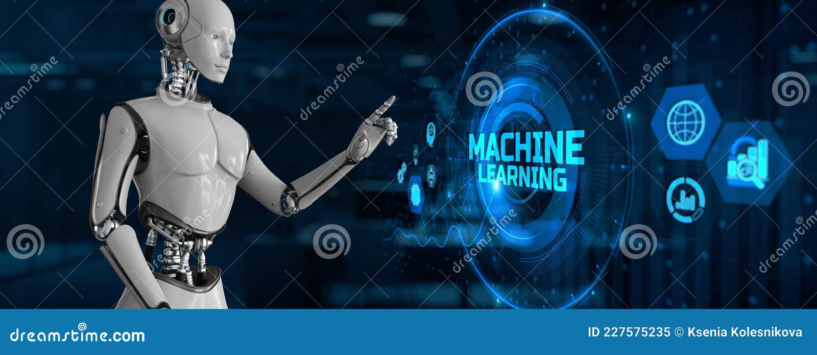 Machine Learning Artificial Intelligence AI Concept. Robot Pressing Button on Screen 3d Render ...