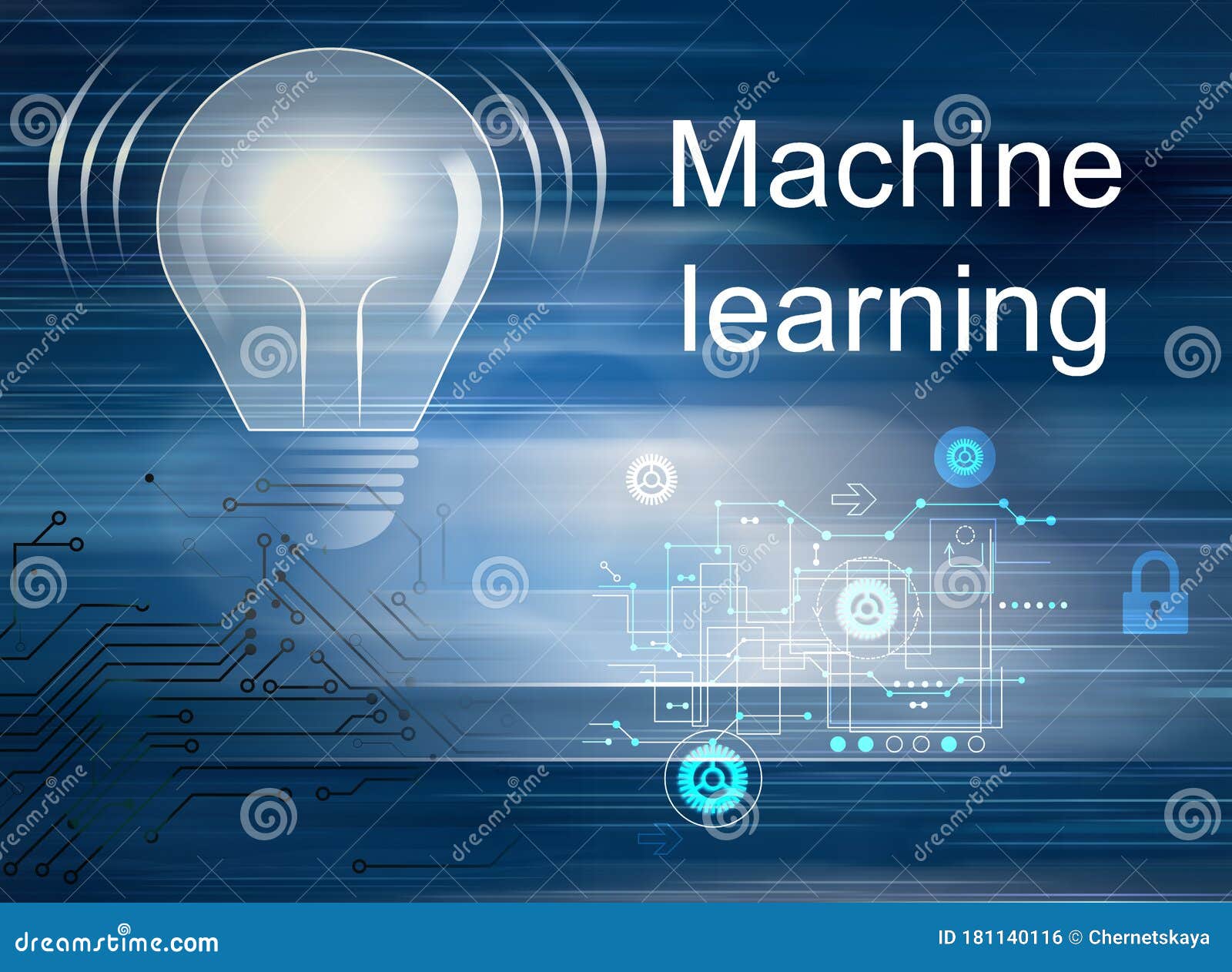 Machine Learning. Illustration of Light Bulb, Scheme and Circuit Board ...