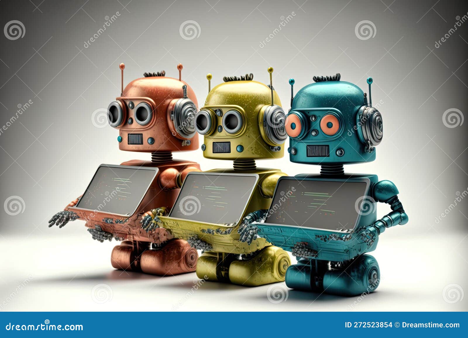 Machine Learning Concept with Retro Robots at a Laptop Computer ...