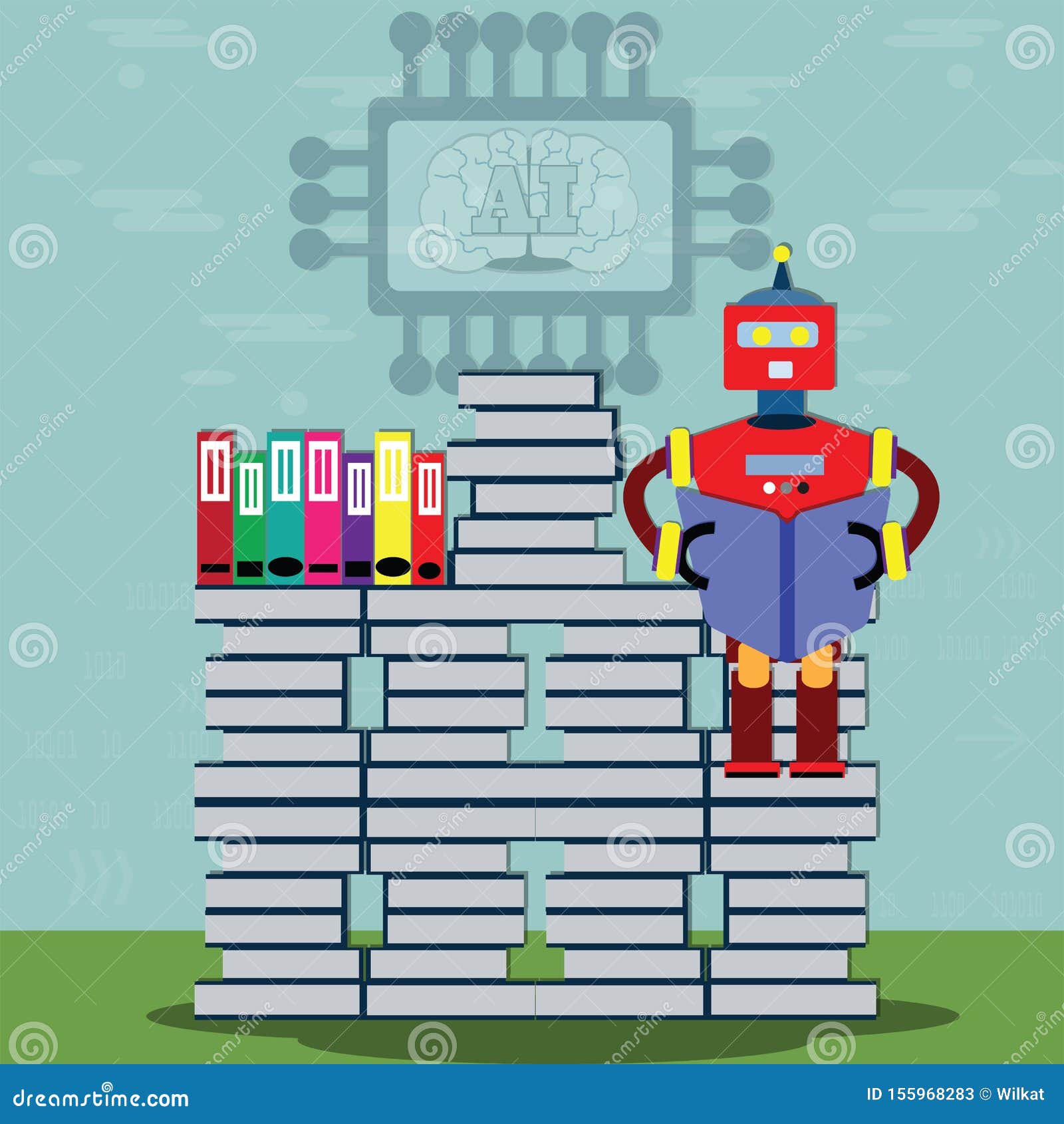 Machine Learning Concept,Robot Was Sitting on a Mountain of Books and ...