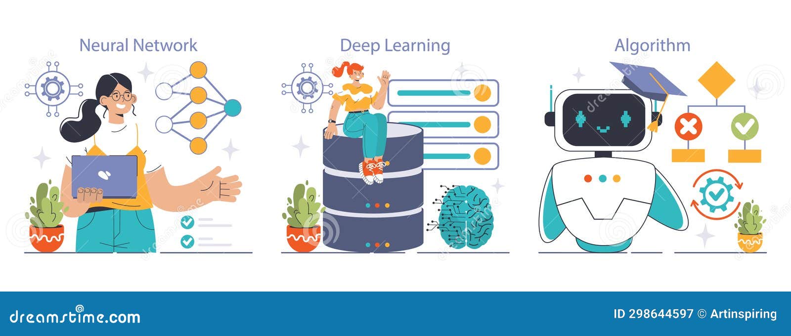 Machine Learning Concepts Visualized with Neural Network. Flat Vector Illustration Stock ...