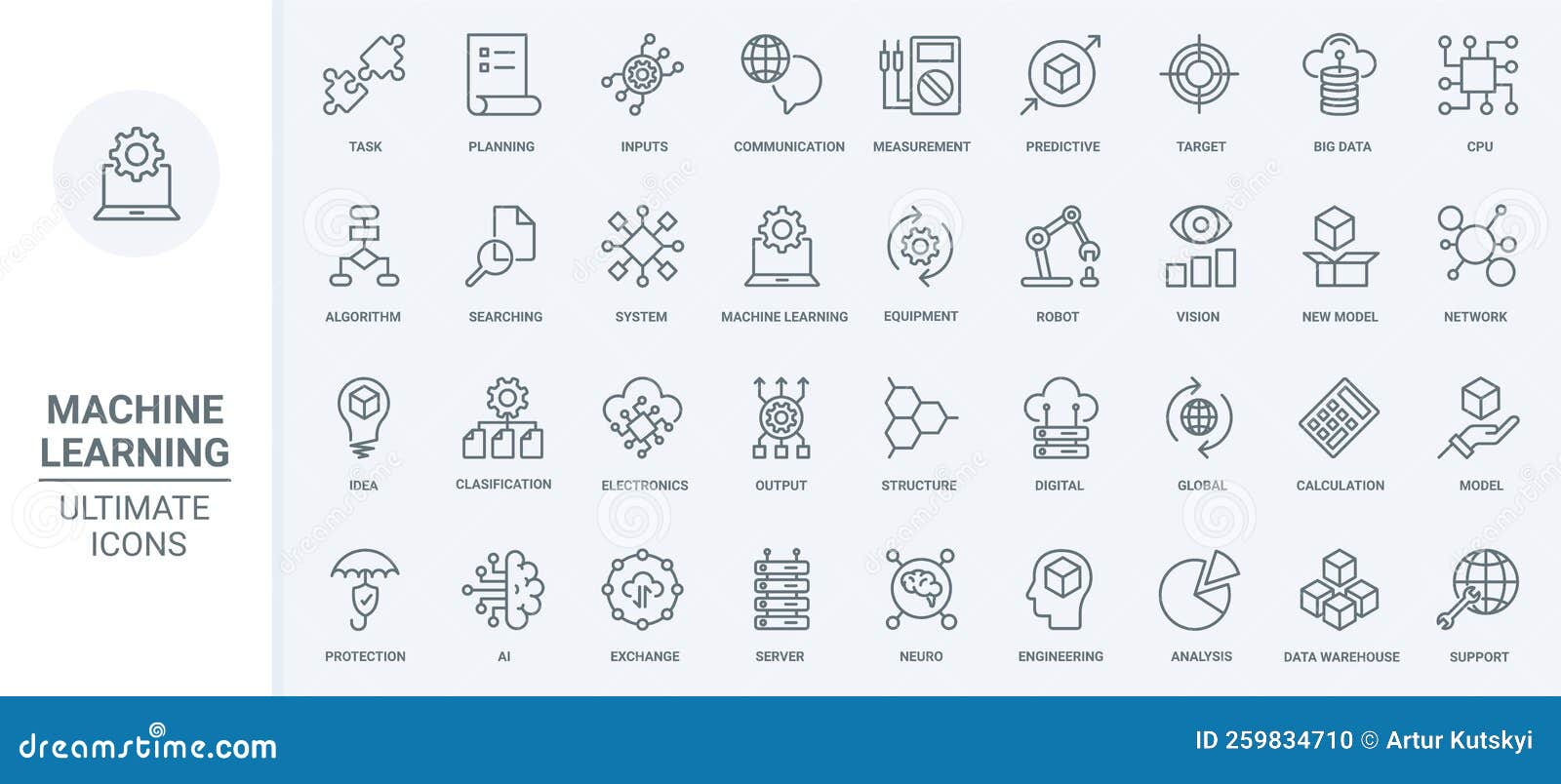 Machine Learning, Data Analysis Thin Line Icons Set, Algorithm ...