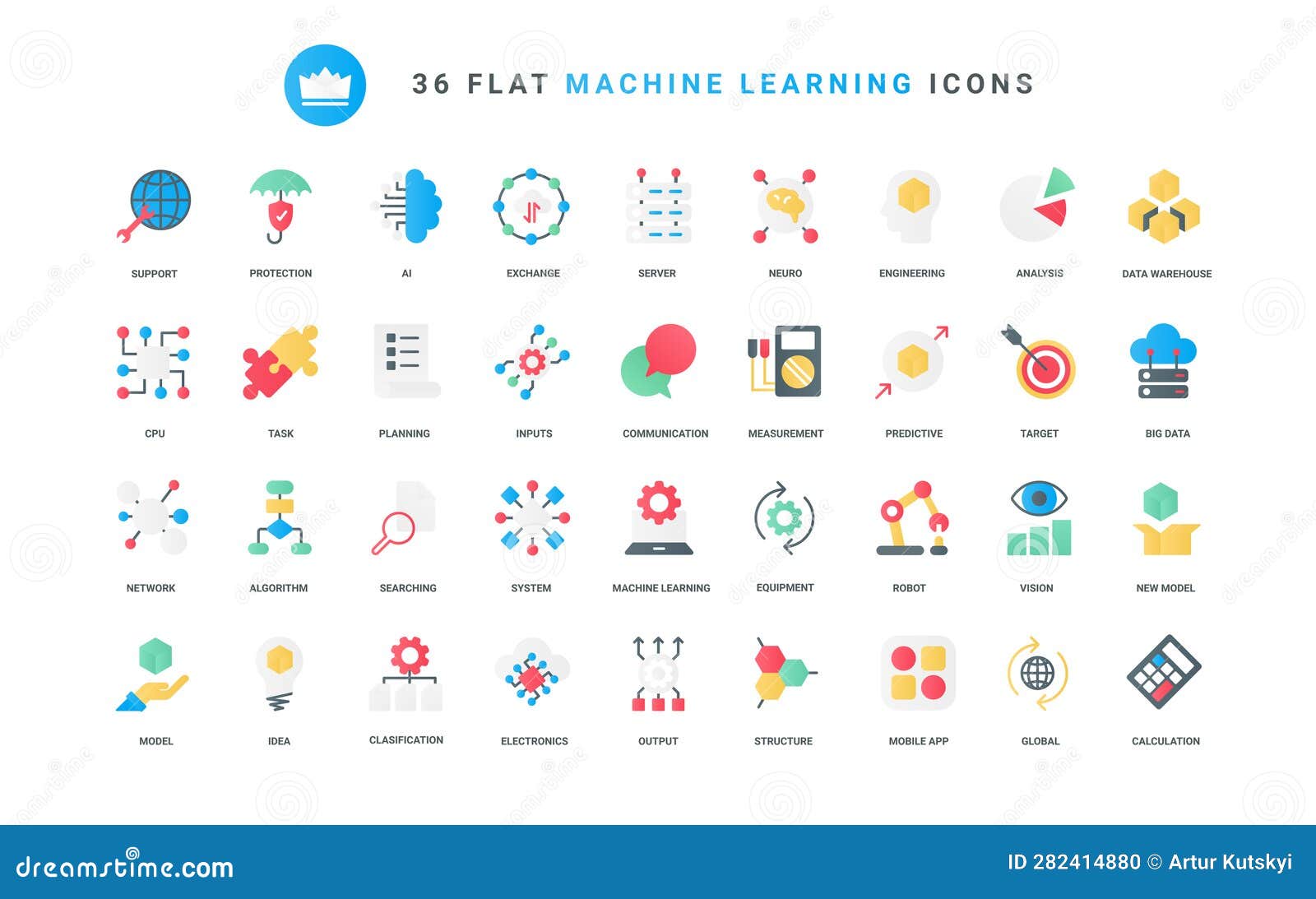 Machine Learning, Data Analysis Trendy Flat Icons Set, Algorithm ...