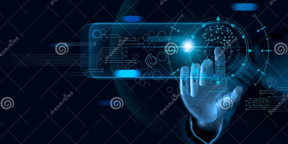 Machine Learning. Hand of Robot Touching on Binary Data. Futuristic ...