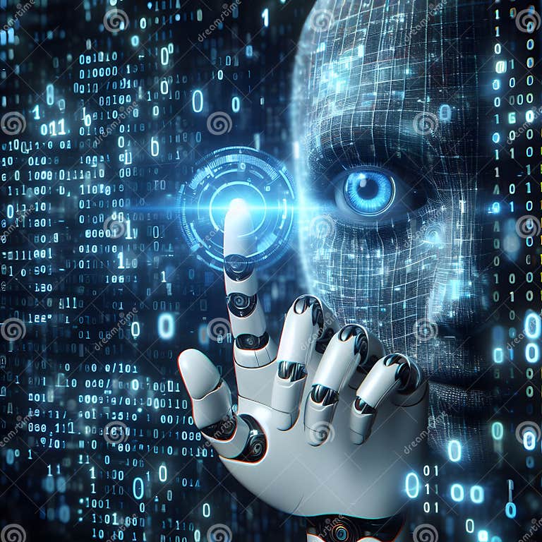 Machine Learning Hand Of Robot Touching On Binary Data Futuristic
