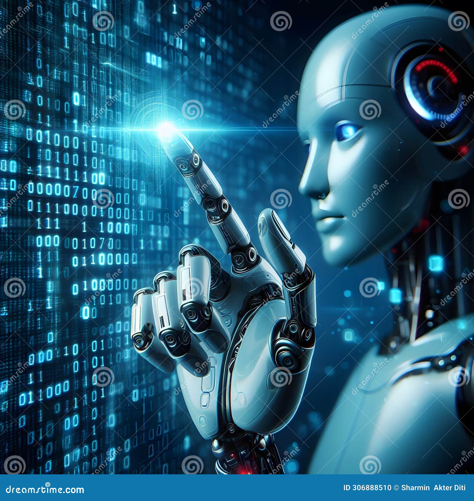 Machine Learning. Hand of Robot Touching on Binary Data. Futuristic Artificial Intelligence AI ...