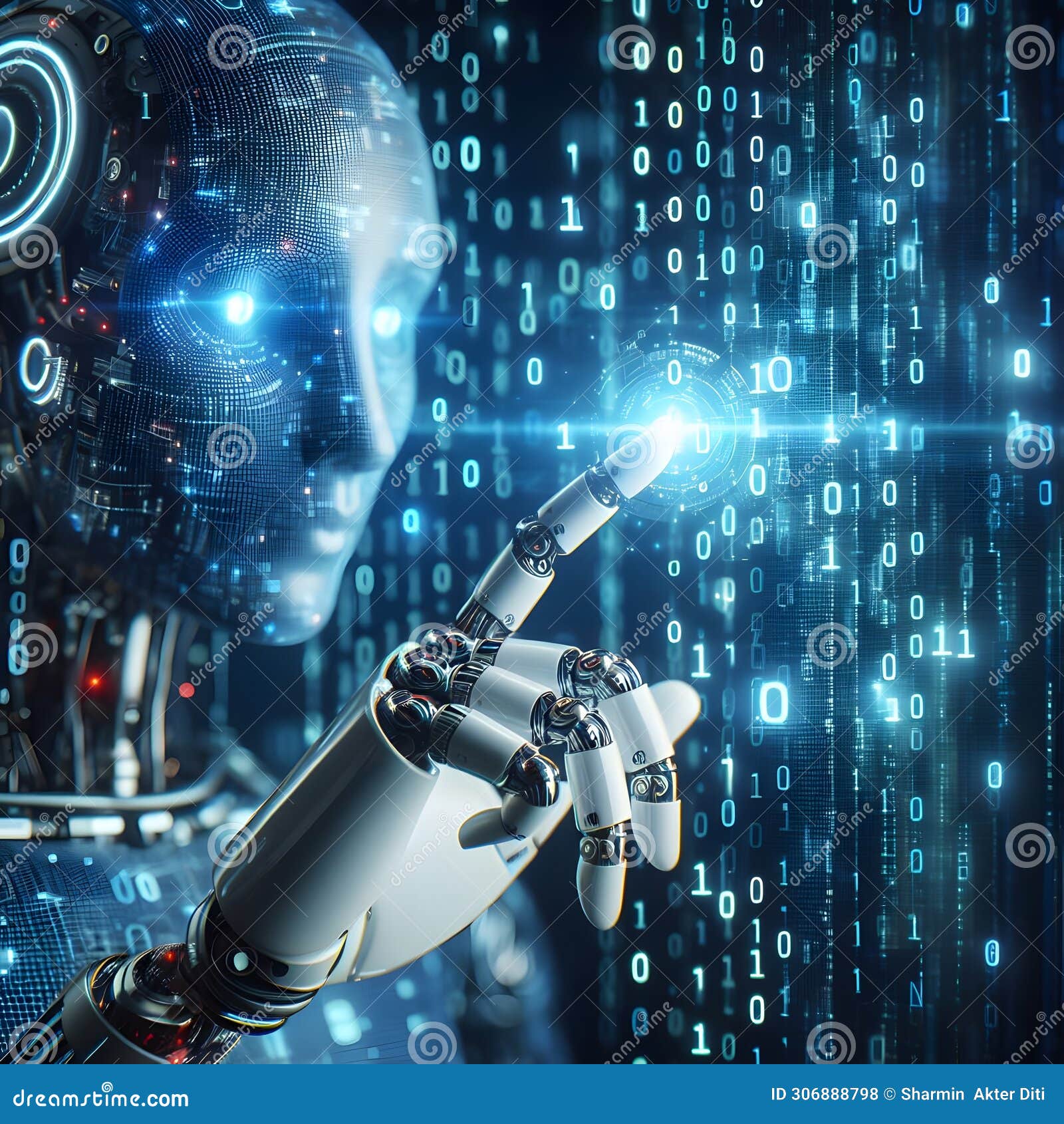 Machine Learning. Hand of Robot Touching on Binary Data. Futuristic Artificial Intelligence AI ...