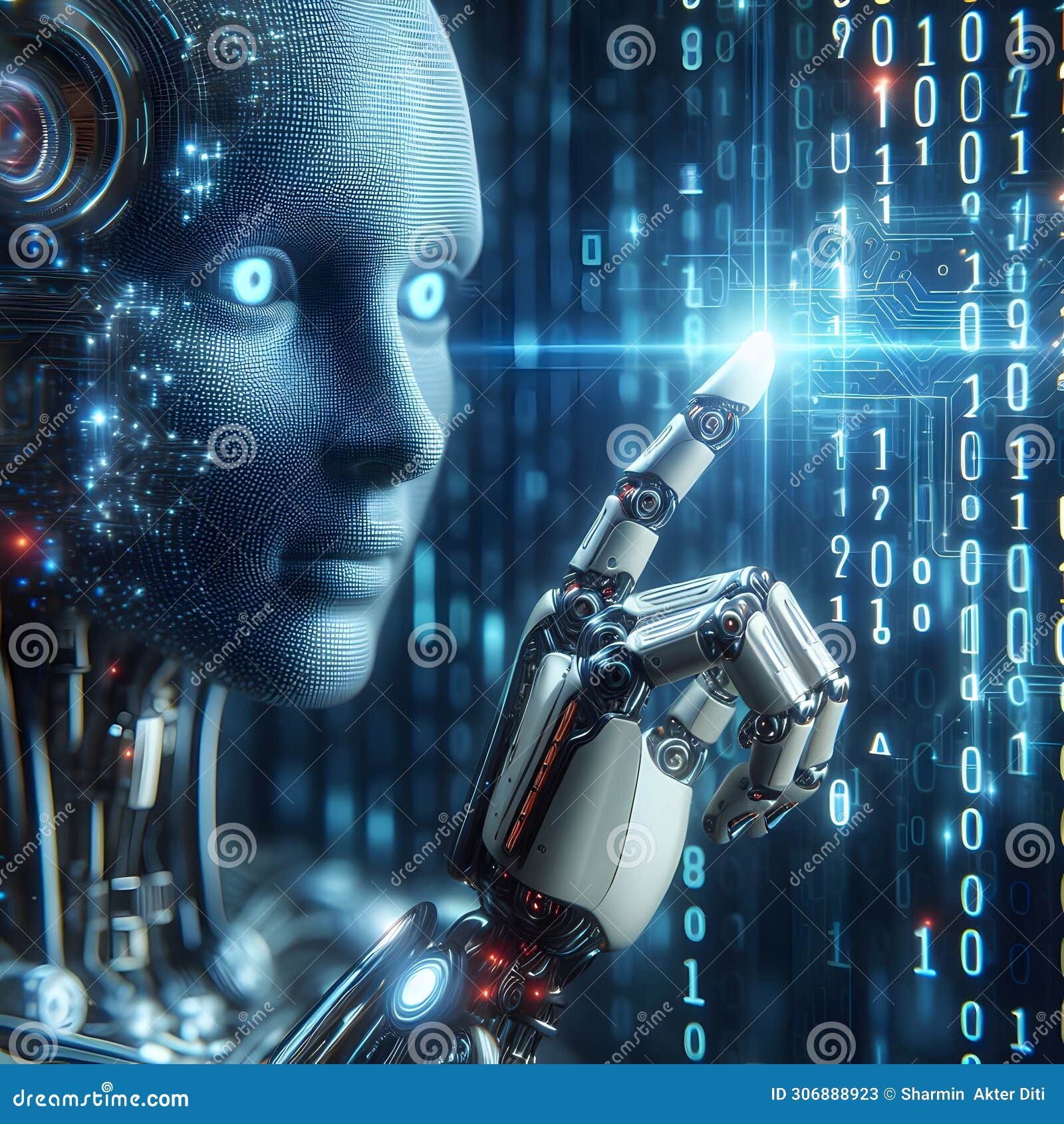 Machine Learning. Hand of Robot Touching on Binary Data. Futuristic Artificial Intelligence AI ...