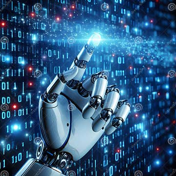 Machine Learning. Hand of Robot Touching on Binary Data. Futuristic ...