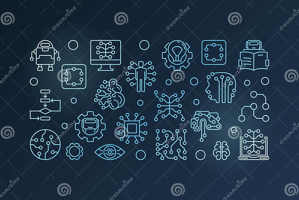 Machine Learning Horizontal Blue Vector Banner in Line Style Stock ...