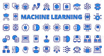 Machine Learning Icons Line Design Blue. Machine, Learning, Ai, Ml ...