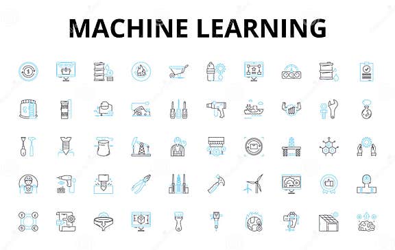 Machine Learning Linear Icons Set. Algorithms, Neural Nerks, Prediction, Deep Learning ...