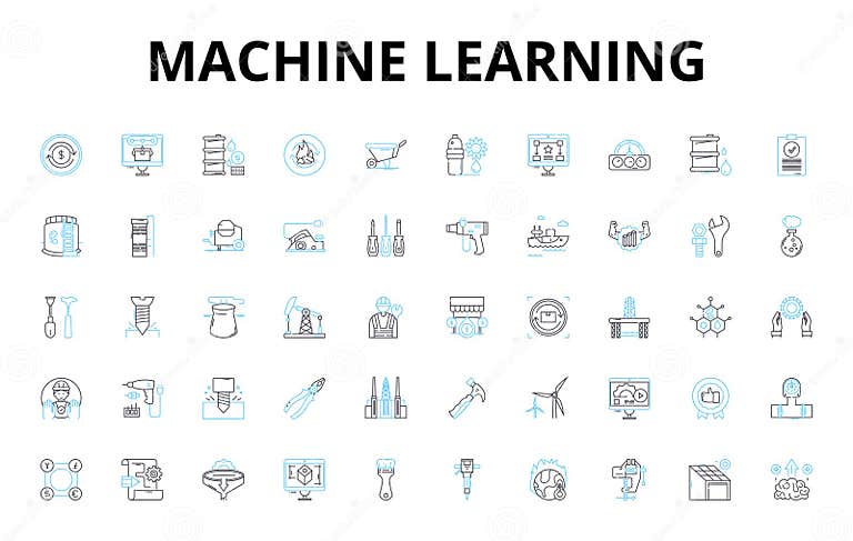 Machine Learning Linear Icons Set. Algorithms, Neural Nerks, Prediction, Deep Learning ...