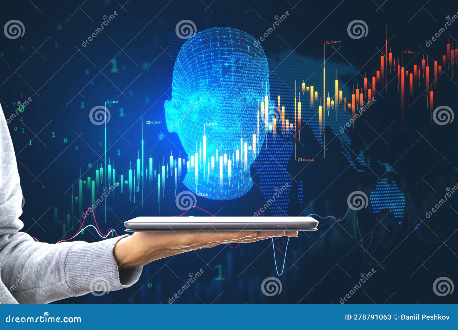 Machine Learning, Mobile Artificial Intelligence and Global Investing Concept with Robot Head ...