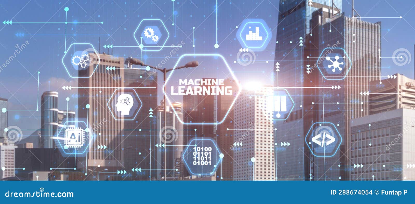 Machine Learning. New Technology 2023 City Background Stock Photo ...