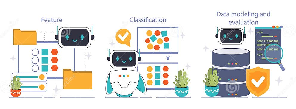 Machine Learning Process Set. Flat Vector Illustration Stock ...
