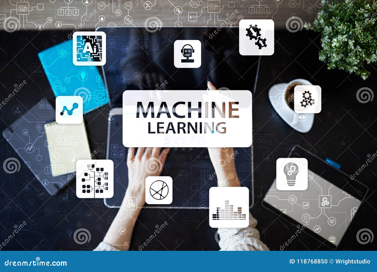 Machine Learning. Text and Icons on Virtual Screen. Business, Internet ...