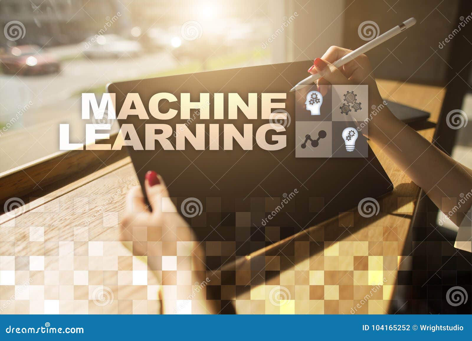 Machine Learning. Text and Icons on Virtual Screen. Internet ...