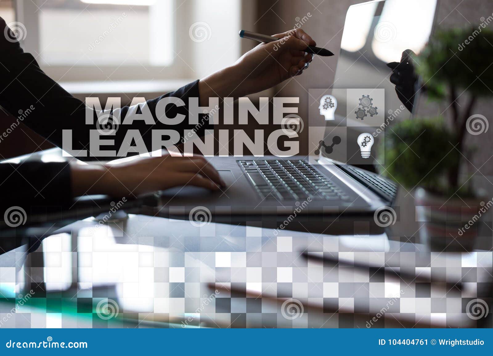 Machine Learning. Text and Icons on Virtual Screen. Technology Concept ...