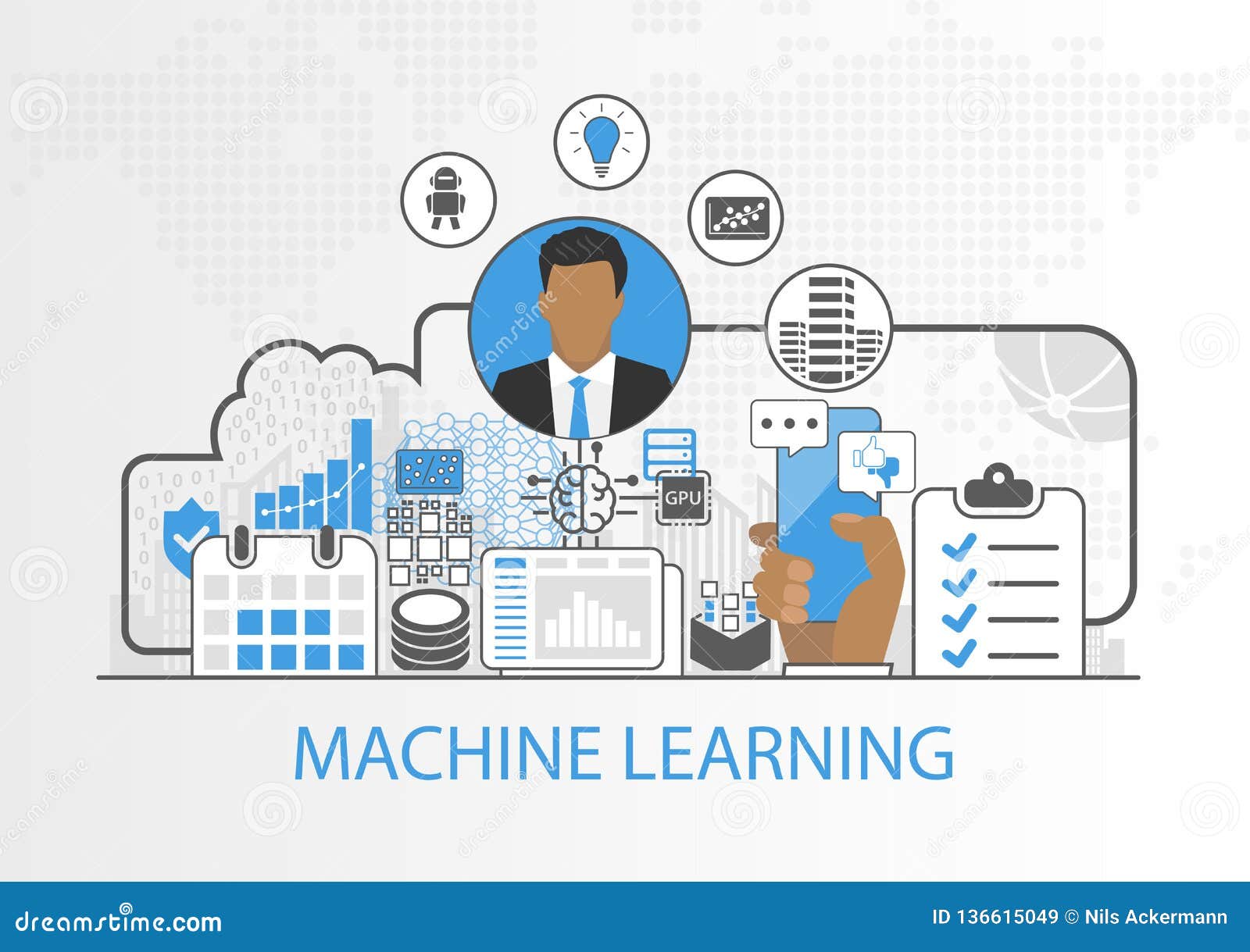 Machine Learning Vector Illustration with Business Man and Icons Stock ... Machine Learning Vector Illustration with Business Man and Icons Stock ...