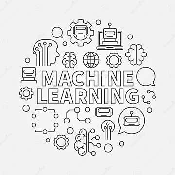 Machine Learning Vector Round Illustration in Thin Line Style Stock ...