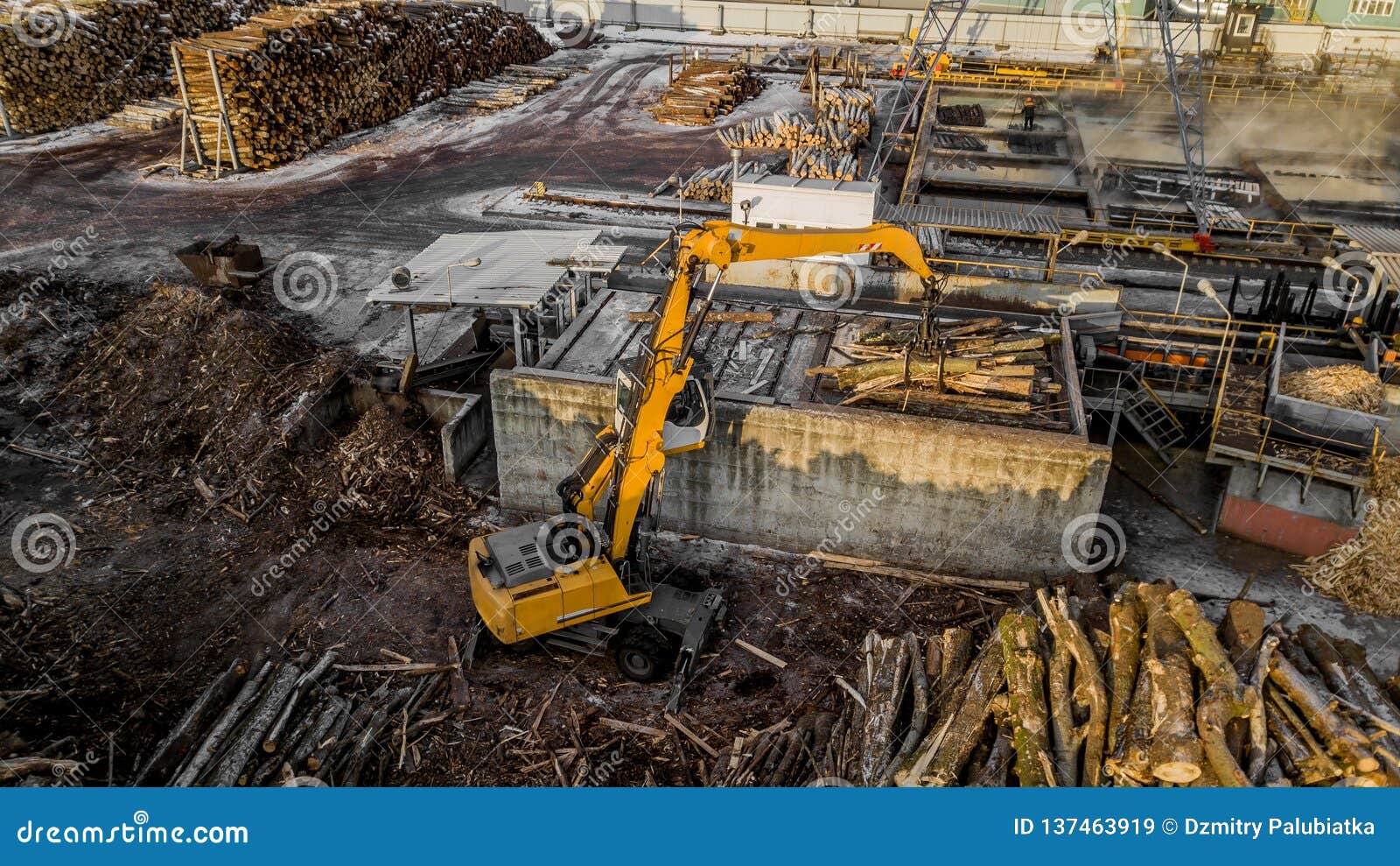 Machine is Lifting Lumber on a Wood Factory. Bird`s Eye View Stock ...