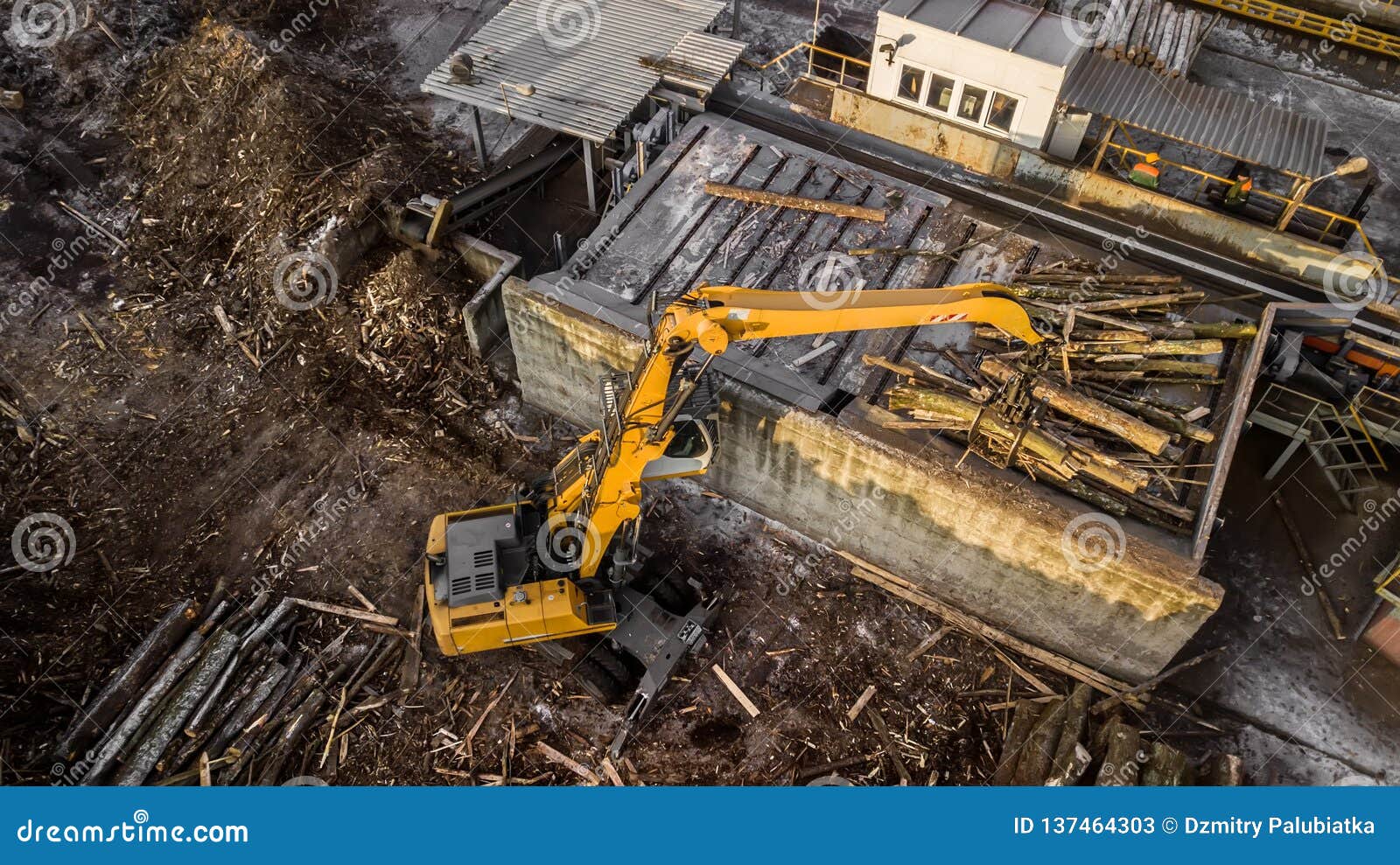 Machine is Lifting Lumber on a Wood Factory. Bird`s Eye View Stock ...