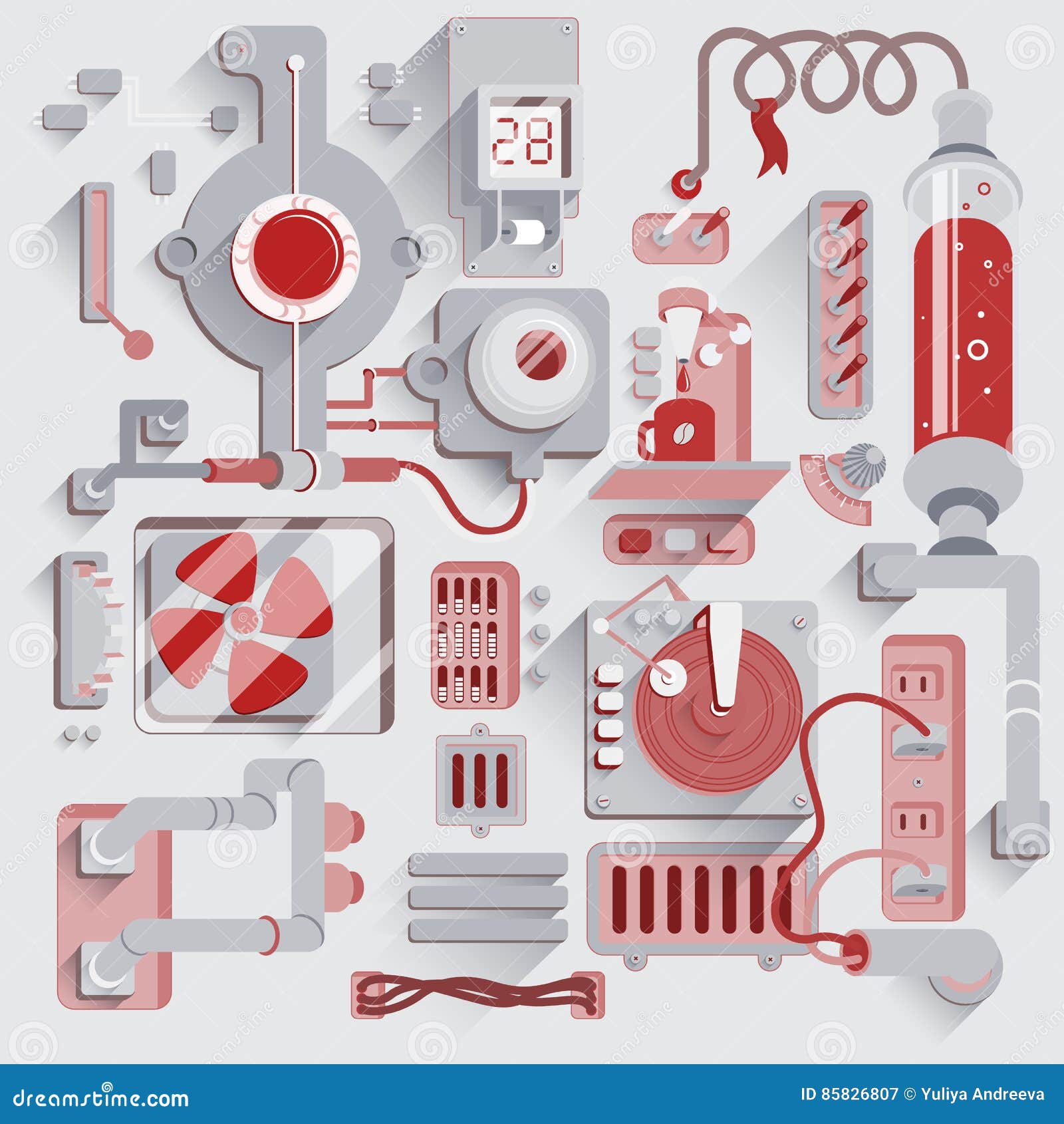 Machine Mechanical Parts Background. Steampunk Illustration of Multiple ...