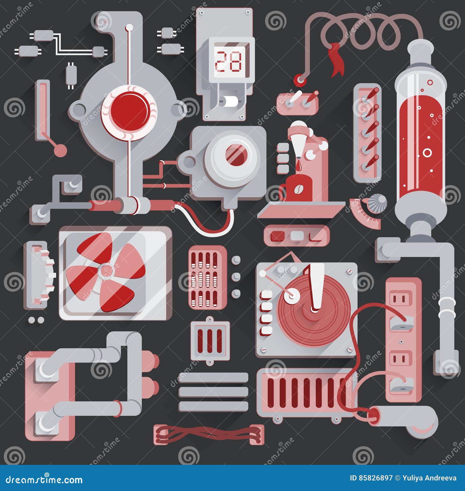 Machine Mechanical Parts Background. Steampunk Illustration of Multiple ...