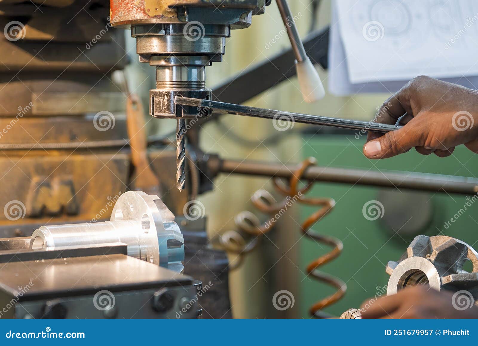 The Machine Operator Use Wrench Tighten the Spindle for Change Drill ...