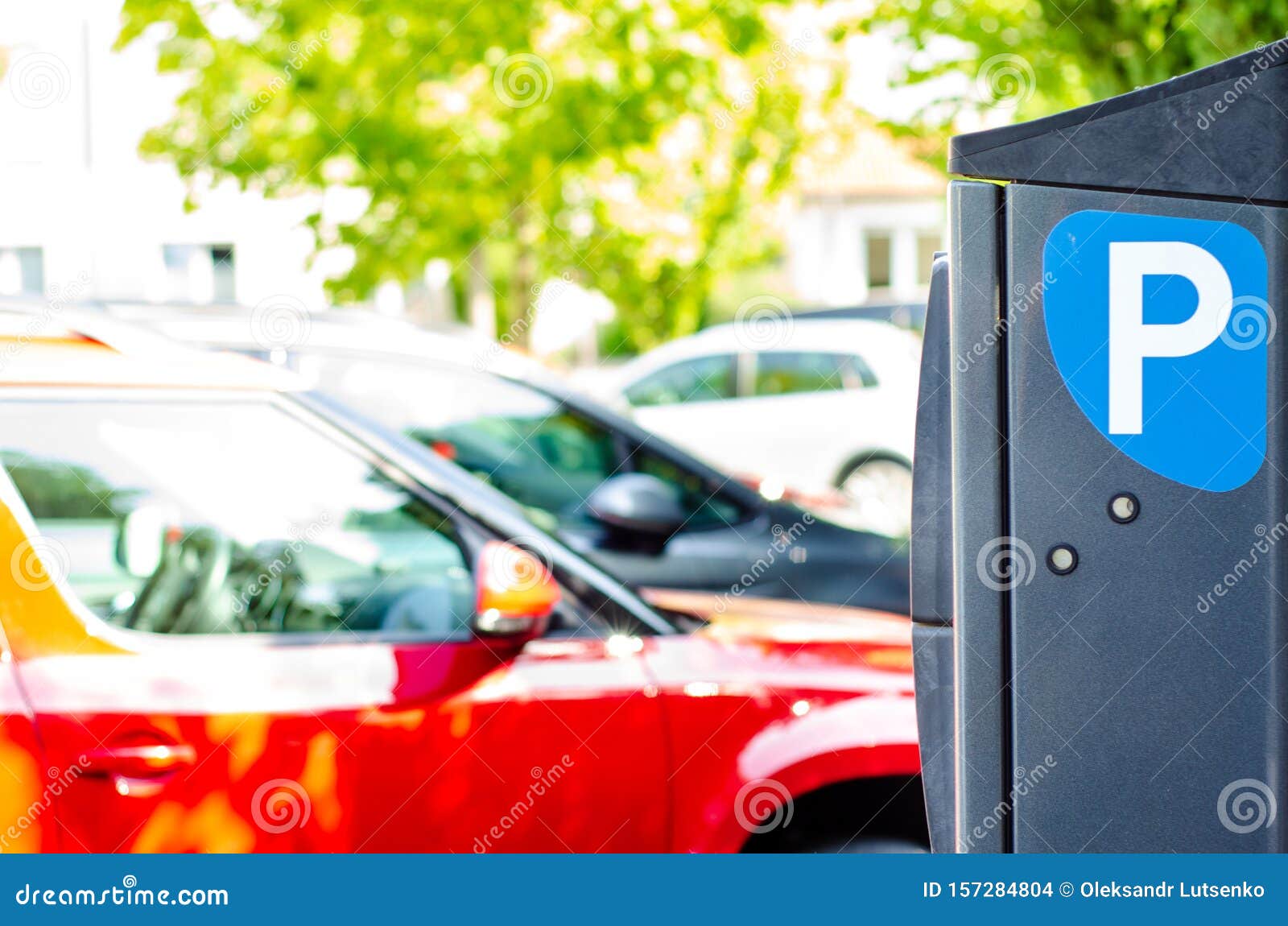 Machine Parking on a City Street Stock Photo - Image of blue, sidewalk ...