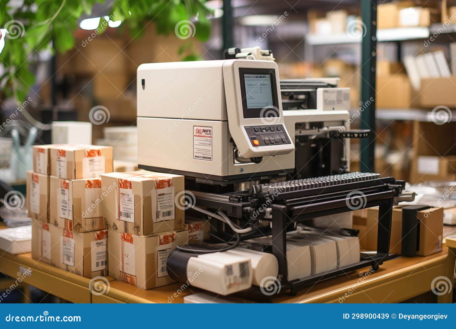 Machine for Printing Labels and Barcode on Boxes in a Warehouse Stock ...