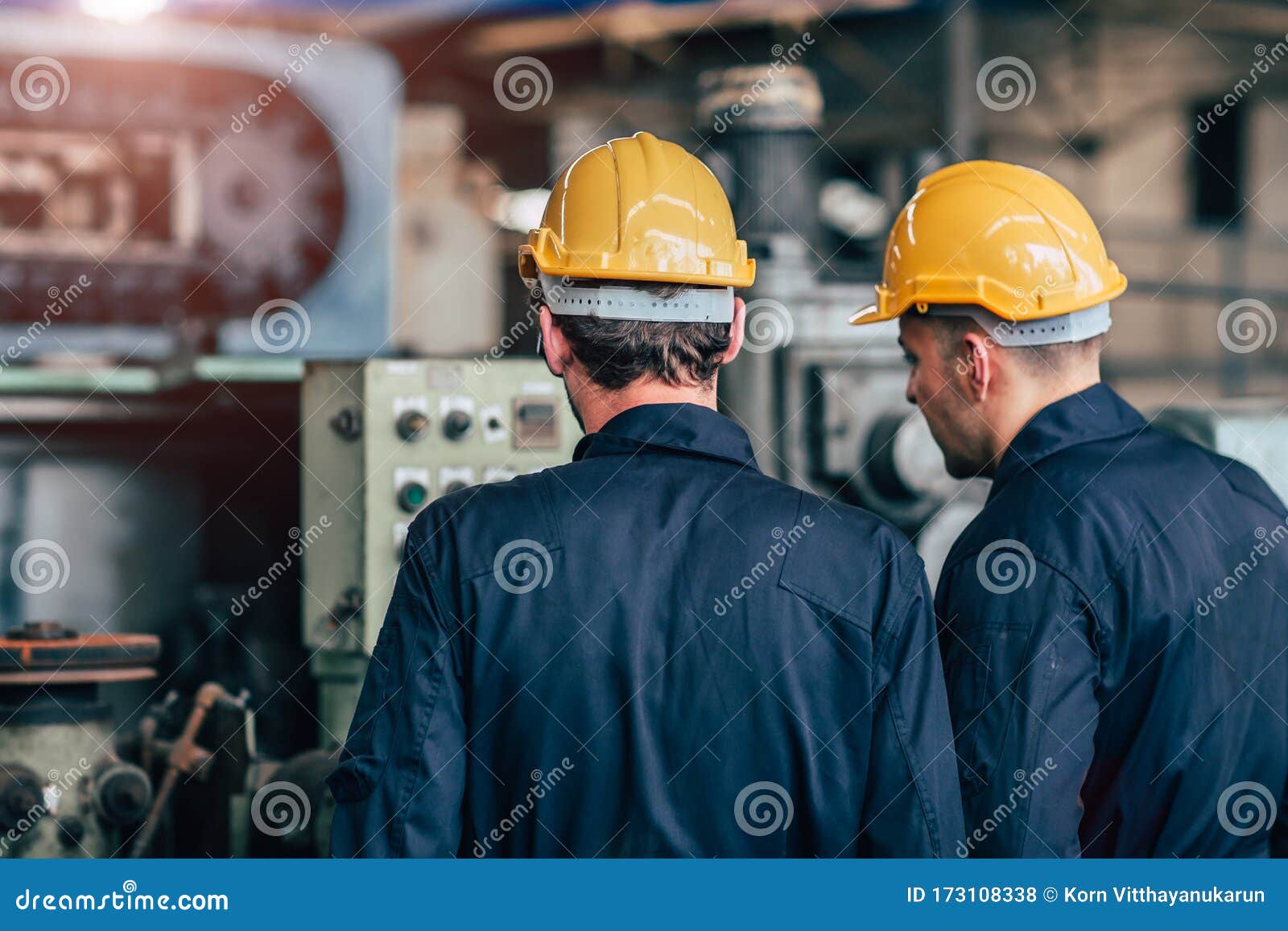 Machine Service Talking Together Teamwork Working in Factory Back View ...