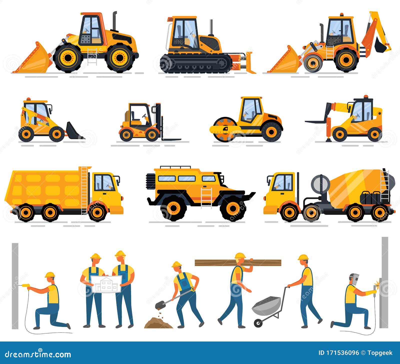 Machine and Workers, Construction Equipment Set Stock Vector ...