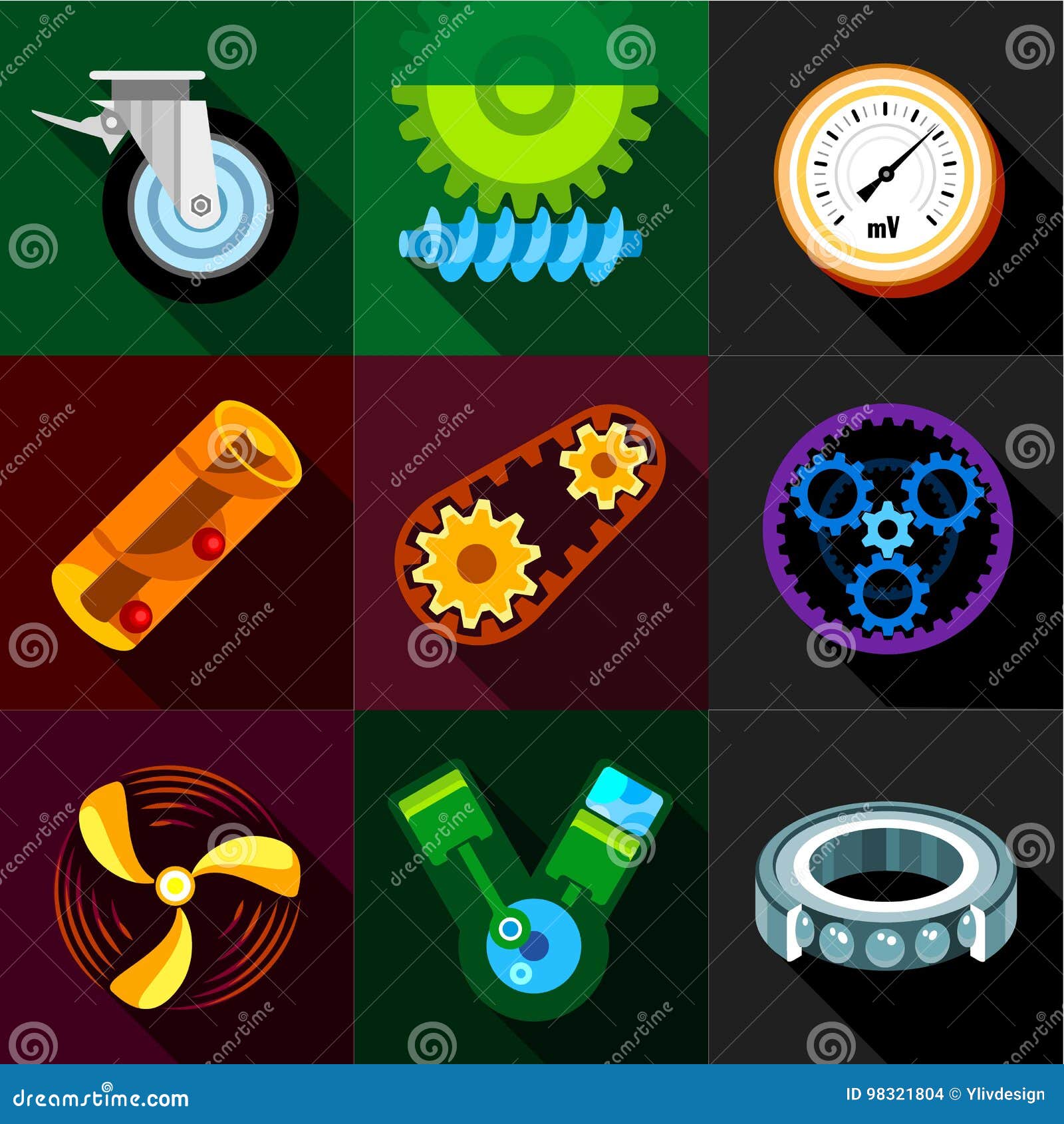 Machinery Gear Icons Set, Flat Style Stock Vector - Illustration of ...