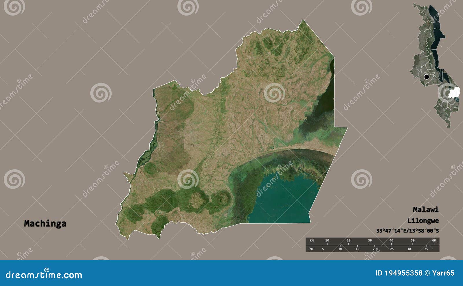 Machinga, District of Malawi, Zoomed. Satellite Stock Illustration ...