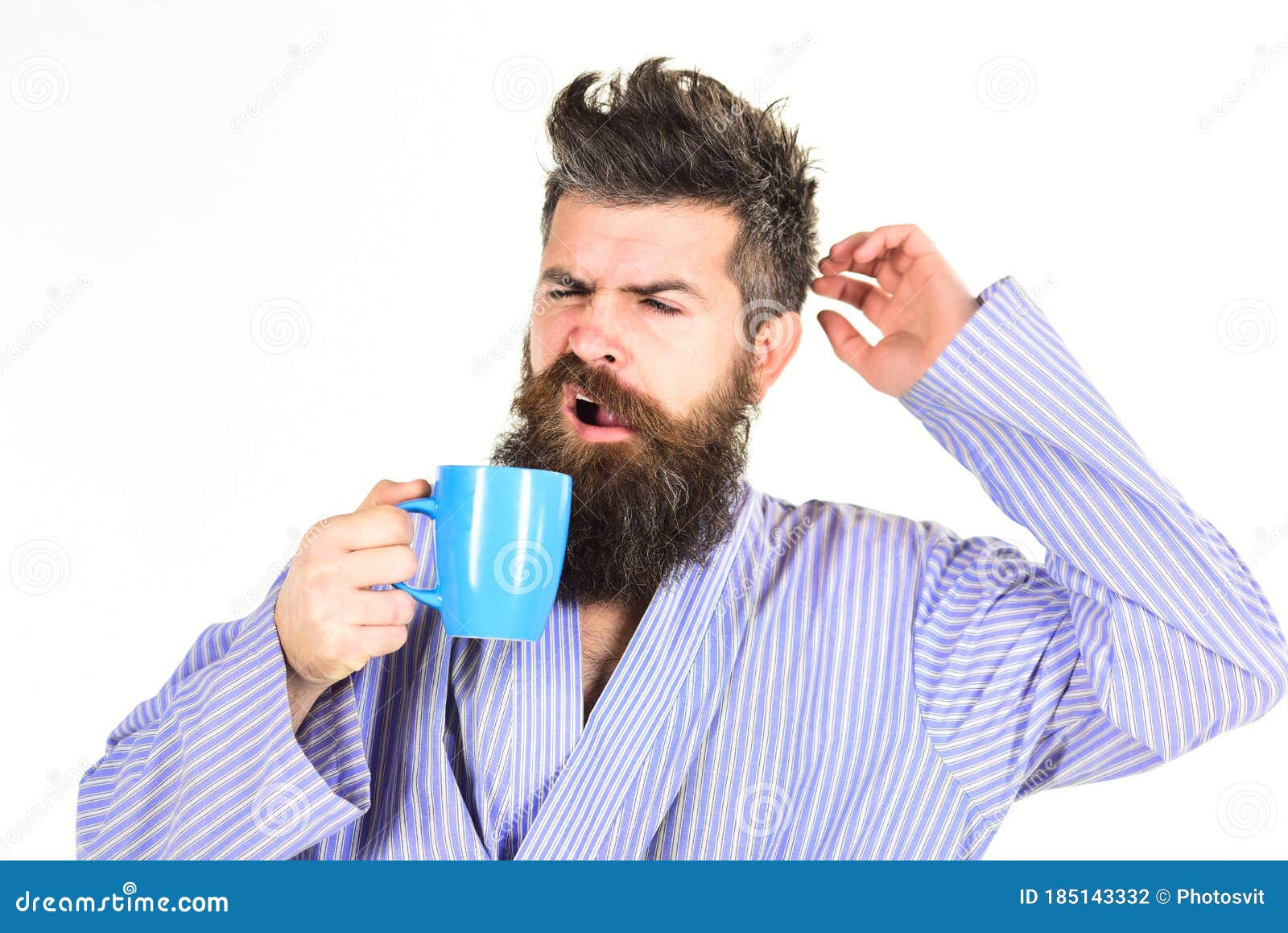 Macho in Bathrobe Drinks Tea or Coffee with Sleeping Face. Man with ...