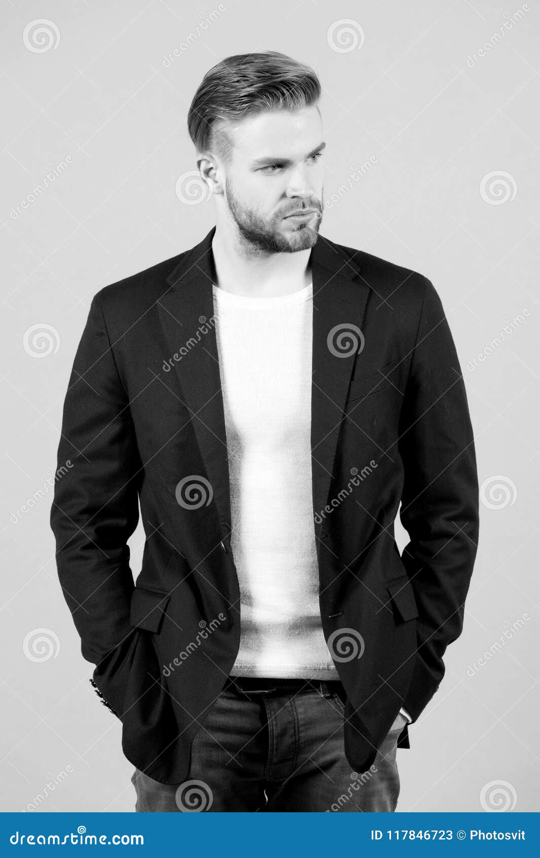 Macho in Black Jacket Pose with Hands in Jeans Pockets Stock Image ...