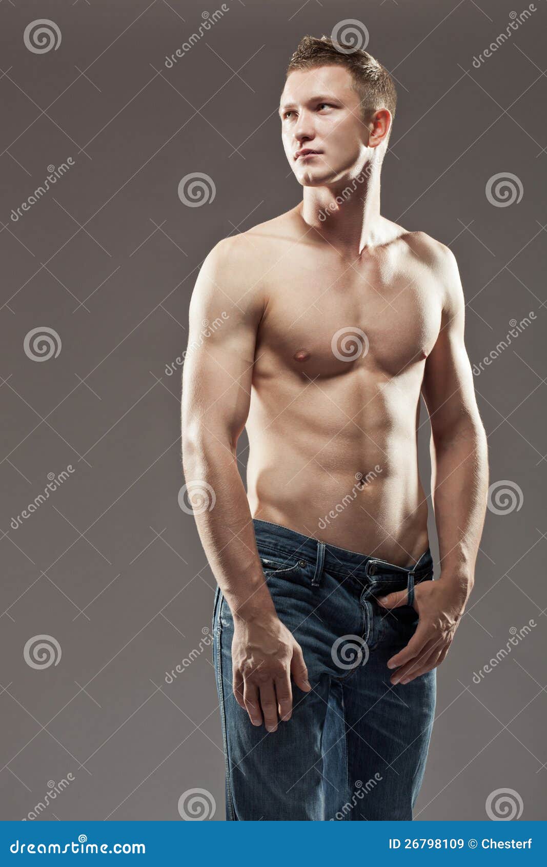 Macho Shirtless Man Looking Up Stock Image - Image of confident, body ...