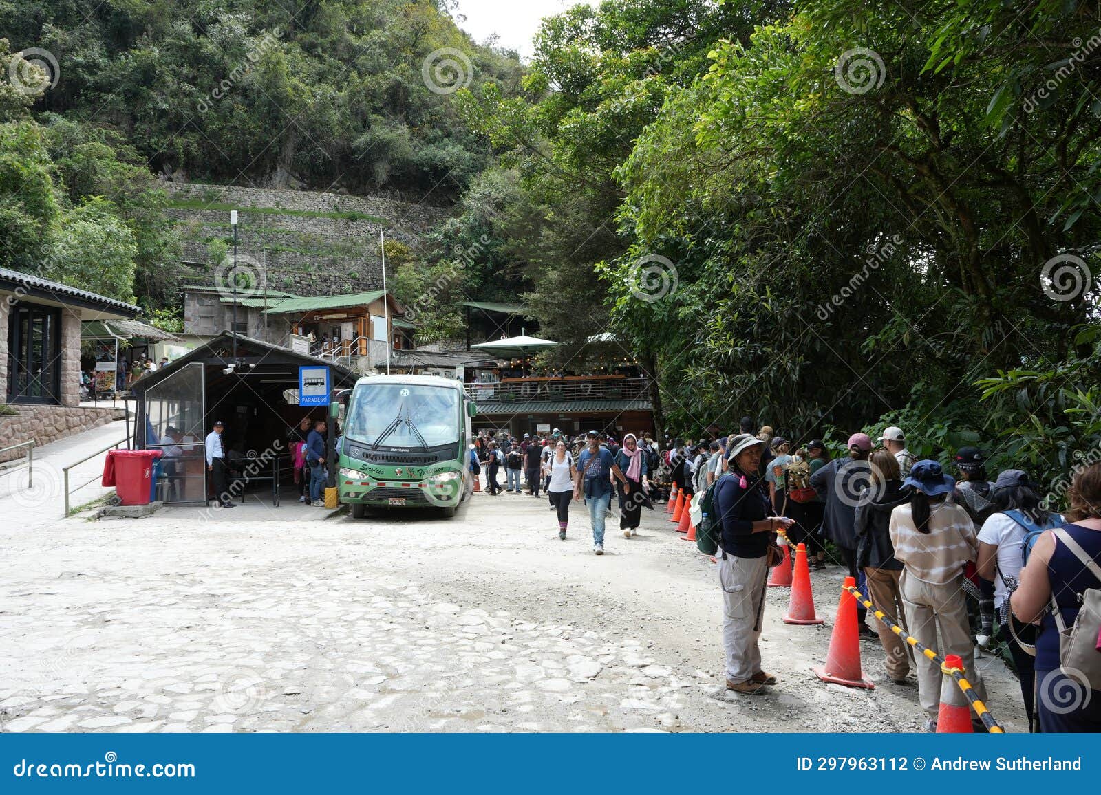 Queue of Tourists Wating for the Bus at the Top of Machu Picchu. Machu ...